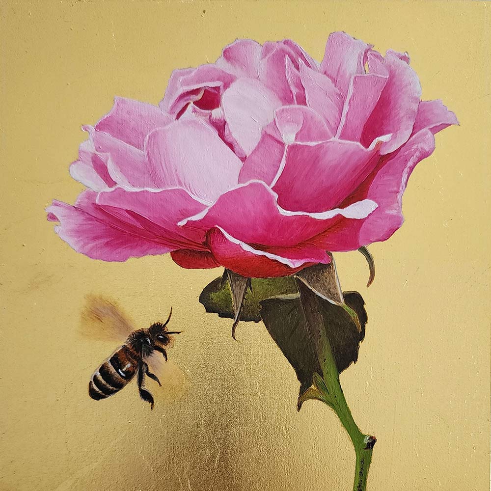 Miniature Rose And Honeybee By Clive Meredith At Norton Way Gallery